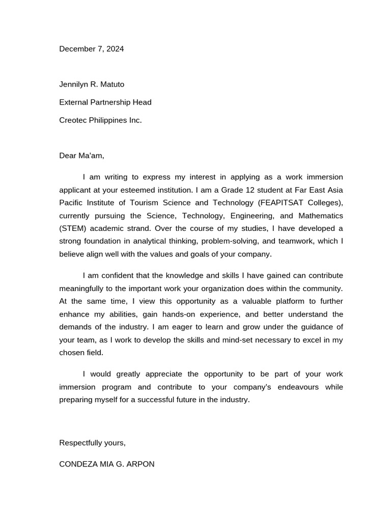 Work Immersion Application Letter | PDF