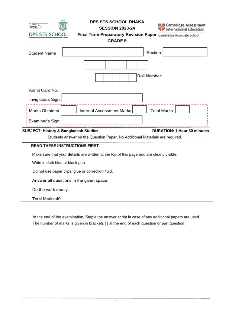Grade 5 History Revision Paper 2023-24 | PDF