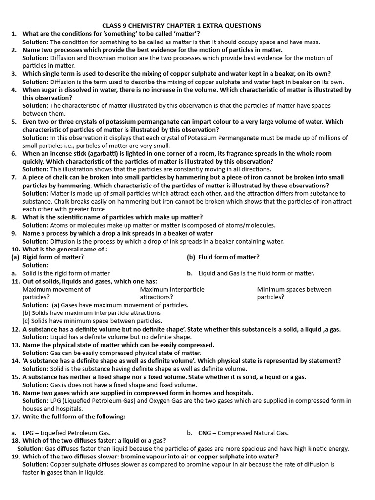 Class 9 Chemistry Chapter 1 Questions | PDF | Gases | Liquids