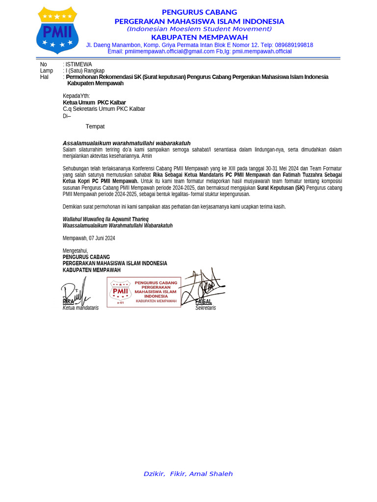 Rekomendasi SK Pengurus PMII Mempawah 2024 | PDF
