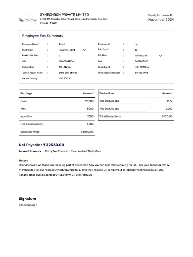 Synechron Payslip - Nov 2024 | PDF