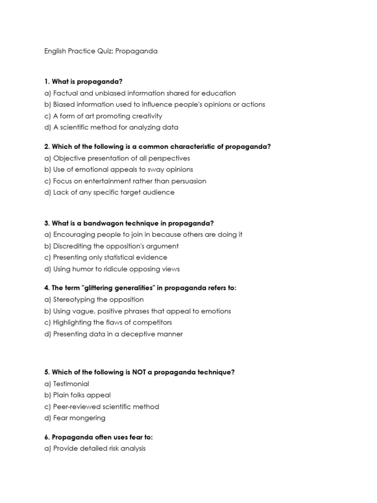 English Practice Quiz_ Propaganda | PDF | Propaganda | Bias