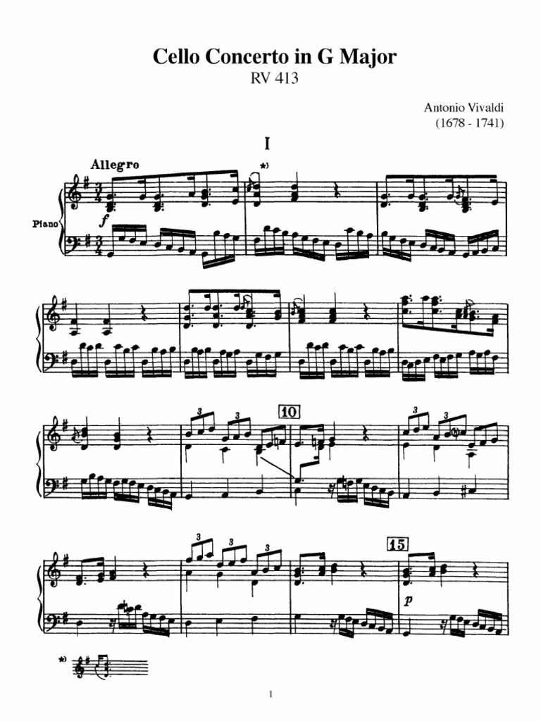 Vivaldi - Cello Concerto in G Major RV 413 Piano A | PDF