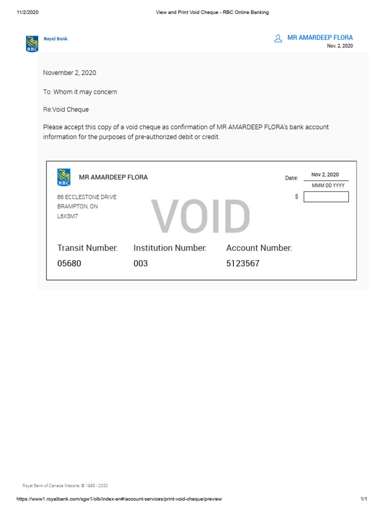 View and Print Void Cheque - RBC Online Banking | PDF