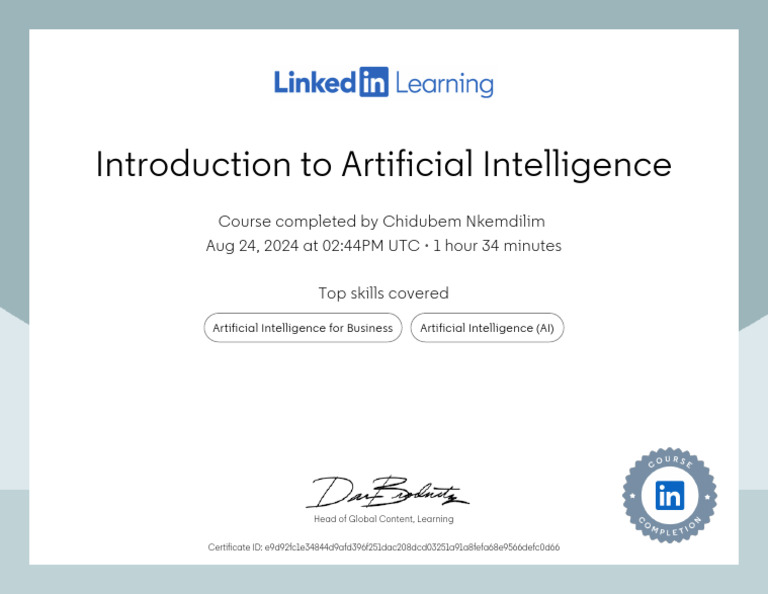 CertificateOfCompletion - Introduction To Artificial Intelligence | PDF