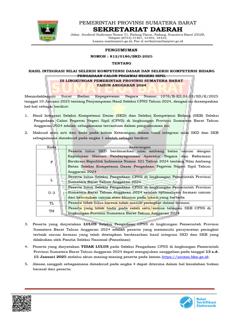 Pengumuman Hasil Integrasi Nilai SKD Dan SKB | PDF