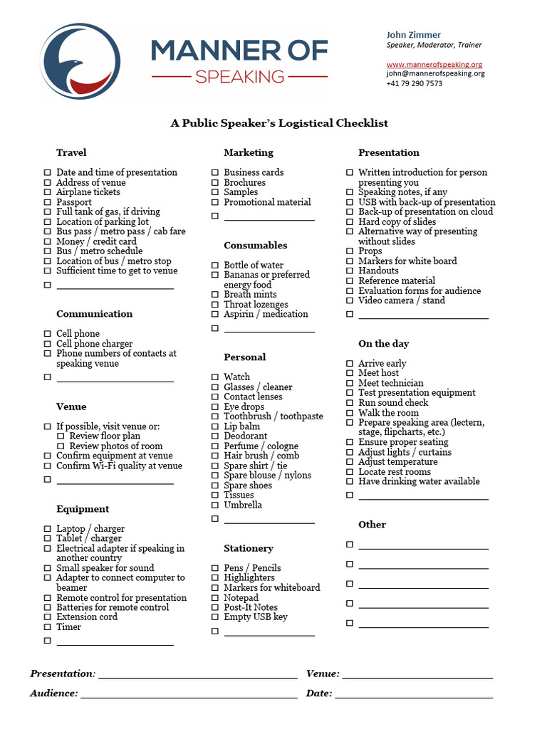 John Zimmer A Public Speakers Checklist | PDF | Battery Charger