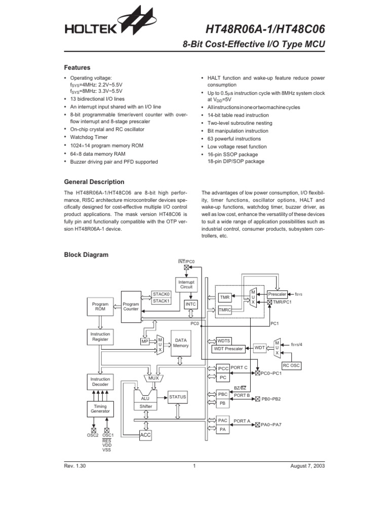 HT48R06A-1/HT48C06: 8-Bit Cost-Effective I/O Type MCU | PDF | Microcontroller | Computer ...
