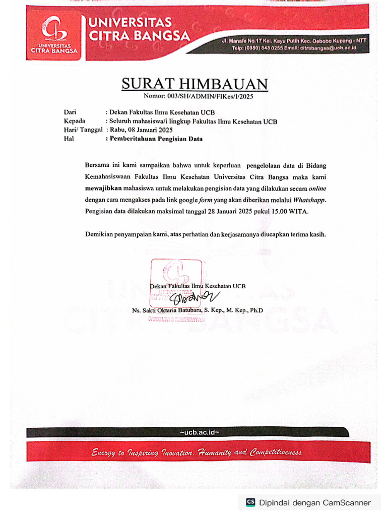 Surat Himbauan Pengisian Data Mahasiswa Fikes | PDF