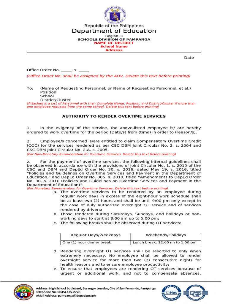 Authority To Render Overtime Services | PDF | Workweek And Weekend | Labor