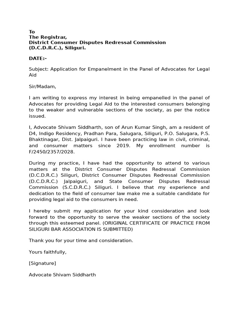 APPLICATION FOR EMPANELMENT IN DCDRC SILIGURI | PDF | Advocate | Legal Aid