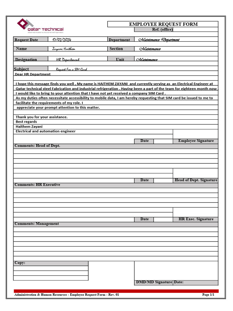 EMPLOYEE REQUEST FORM | PDF