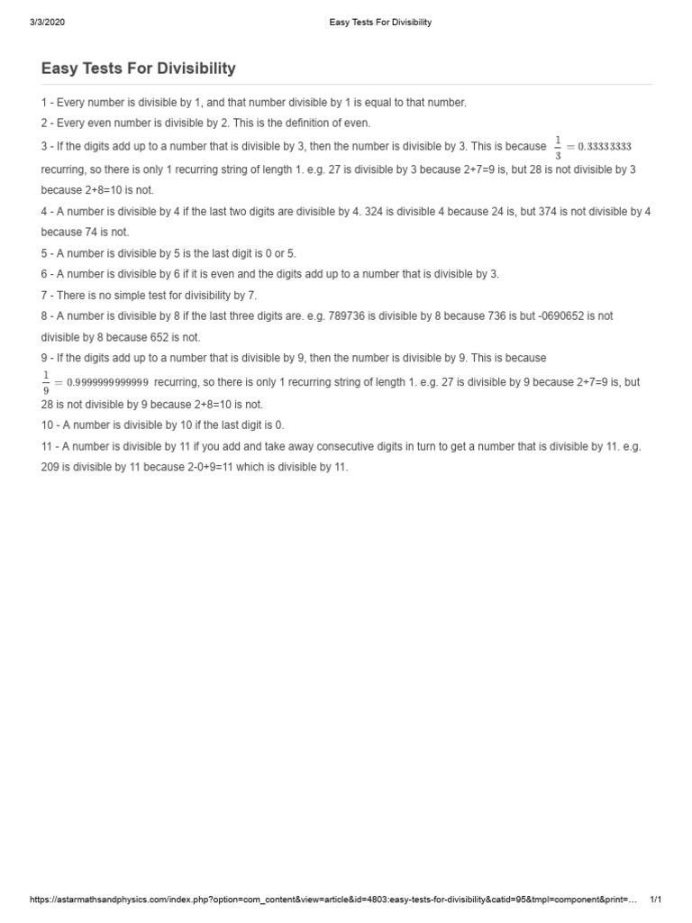 Easy Tests For Divisibility | PDF