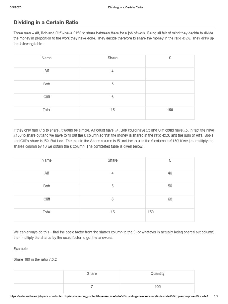 Divide Money in Ratio 4:5:6 | PDF | Ratio | Mathematics