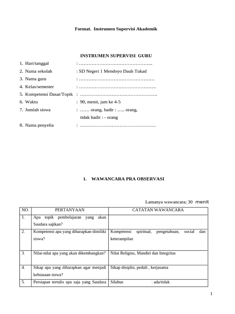 Instrumen Supervisi Pembelajaran SD | PDF