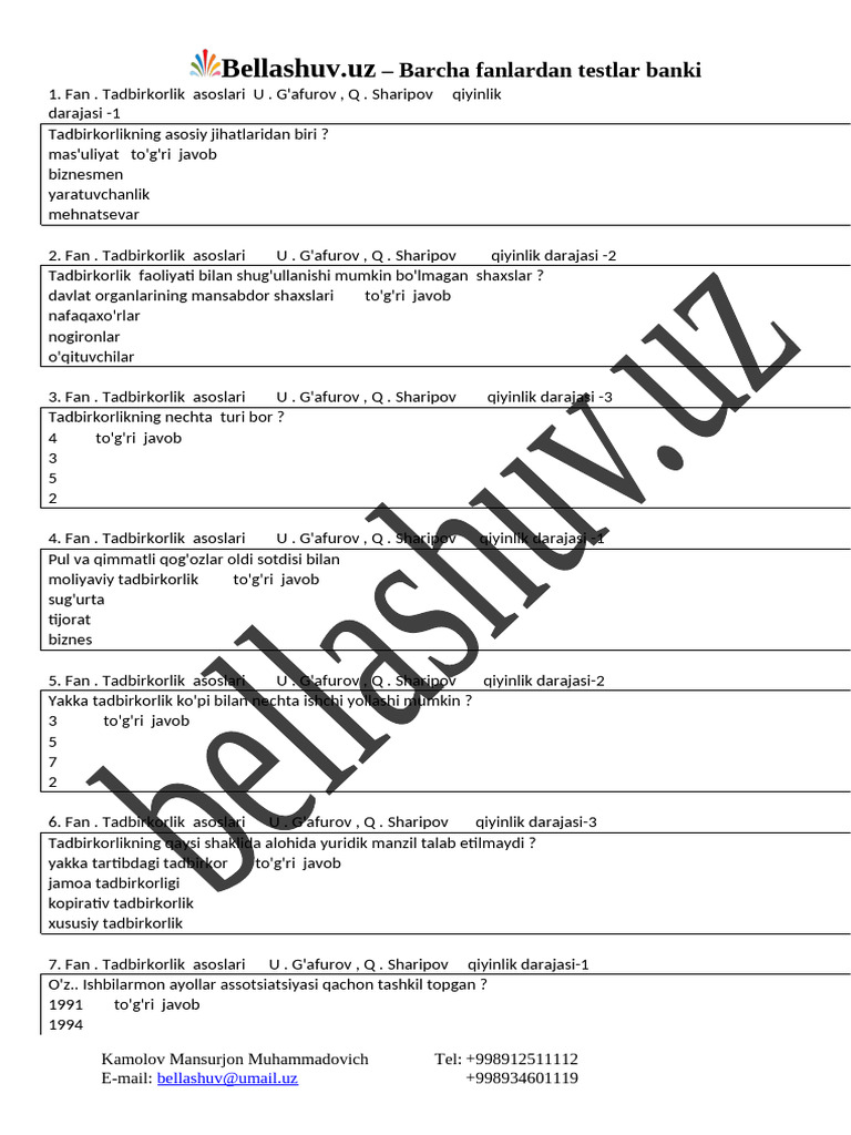 Bellashuv - Uz - 11 Sinf Tadbirkorlik Asoslari | PDF