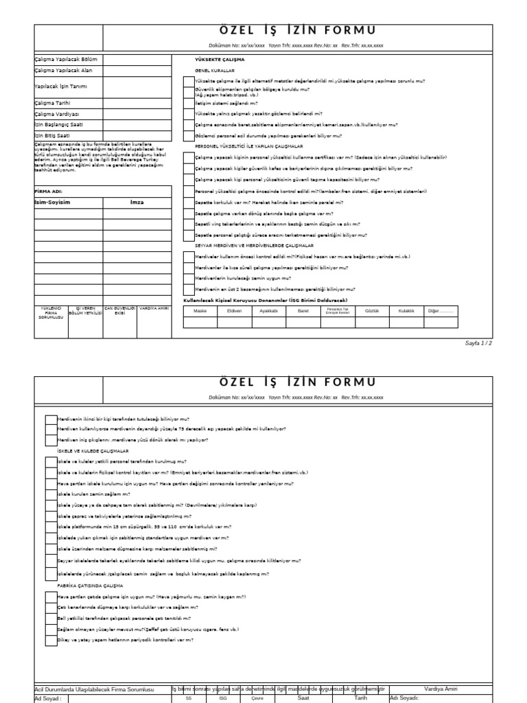 Yüksekte Çalişma Özel İş İzi̇n Formu | PDF