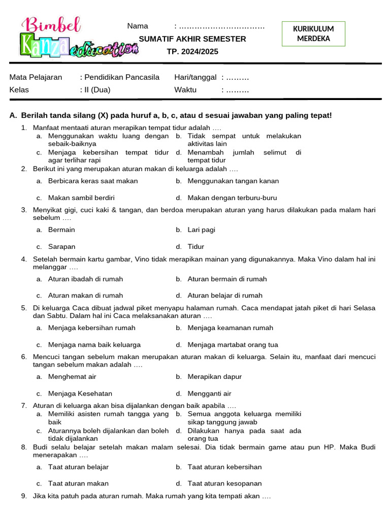 Soal Asas Ganjil Pend. Pancasila Kelas 2 | PDF