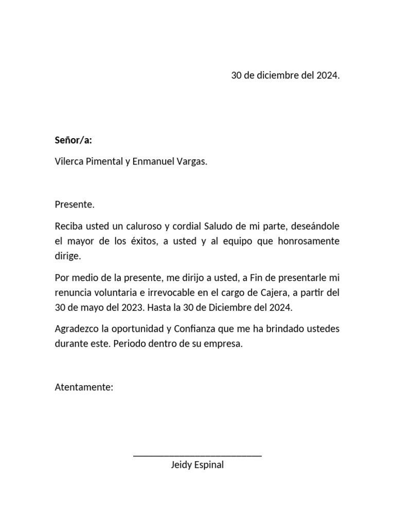 Renuncia Voluntaria de Jeidy Espinal | PDF