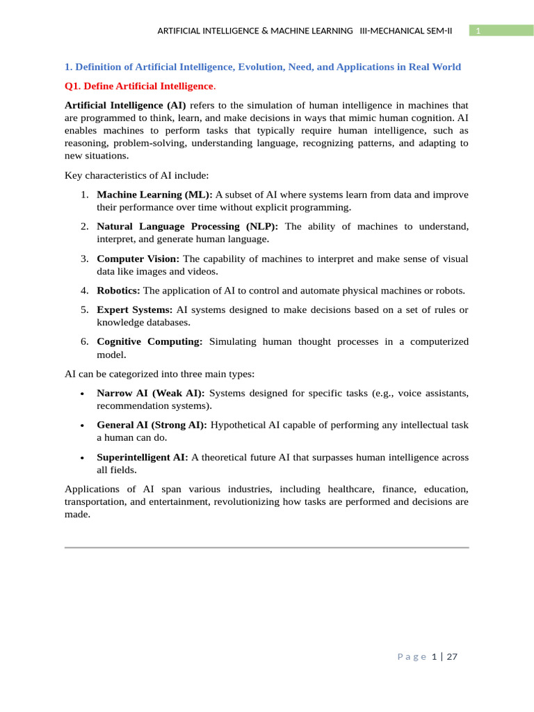 AIML UNIT-1 Quetion& Answers | PDF | Artificial Intelligence | Intelligence (AI) & Semantics
