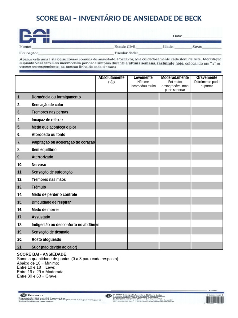 SCORE - BAI. Escala Beck Ansiedade | PDF