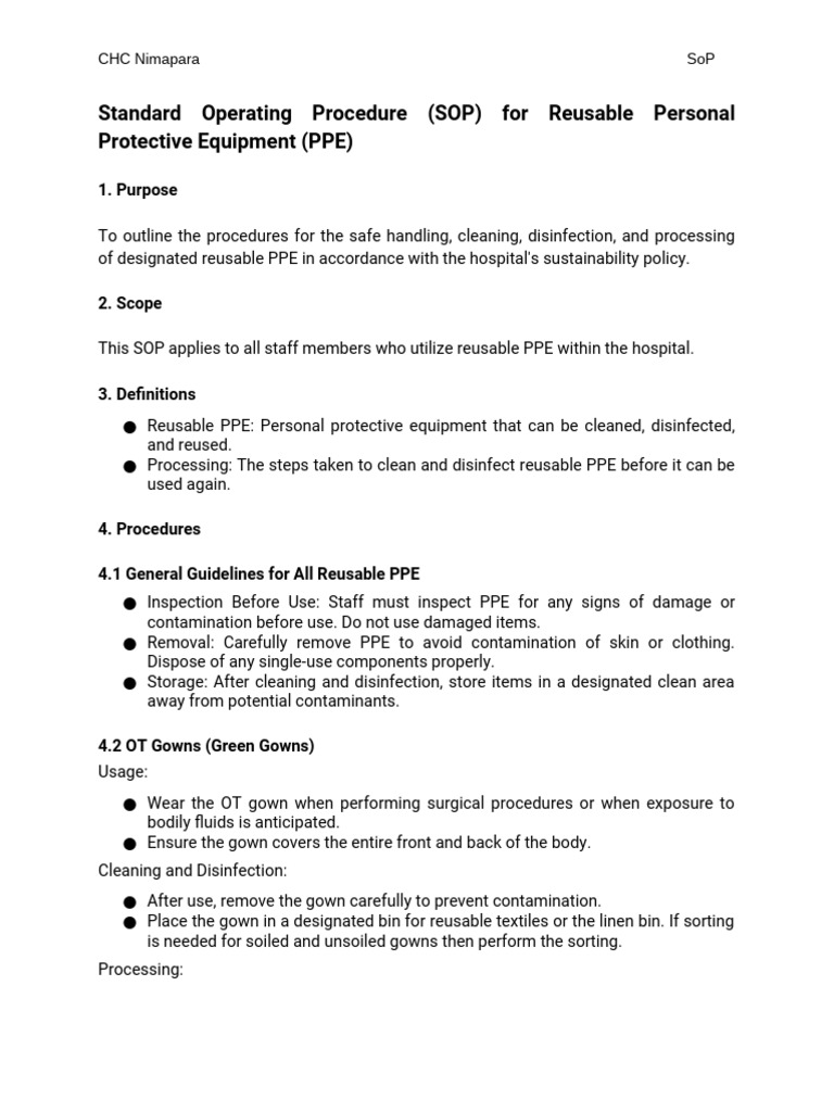 SOP for Reusable PPE Handling and Care | PDF | Personal Protective ...