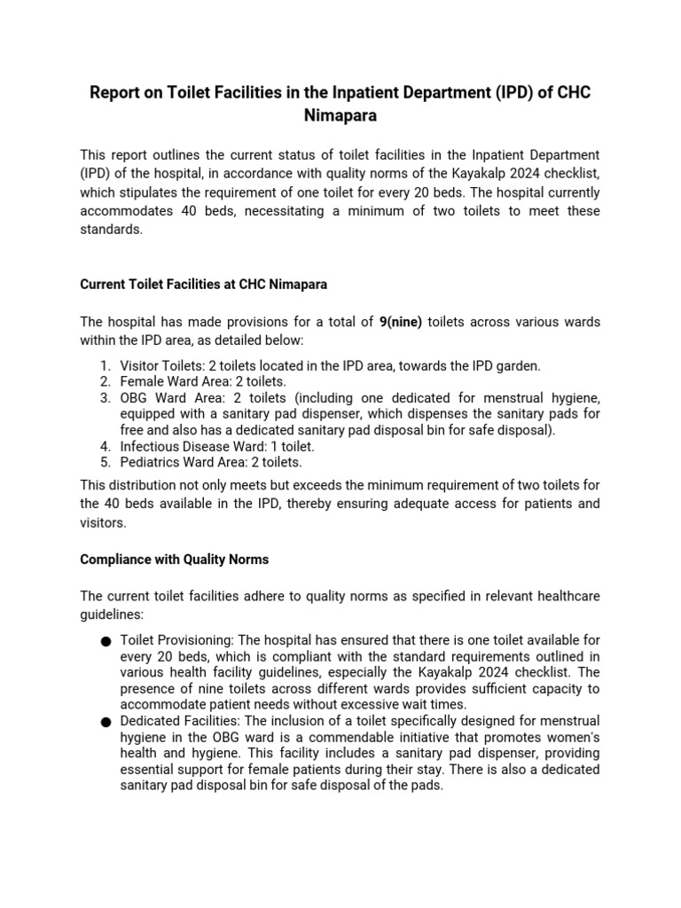 Report On Toilet Facilities in The Inpatient Department (IPD) of The ...