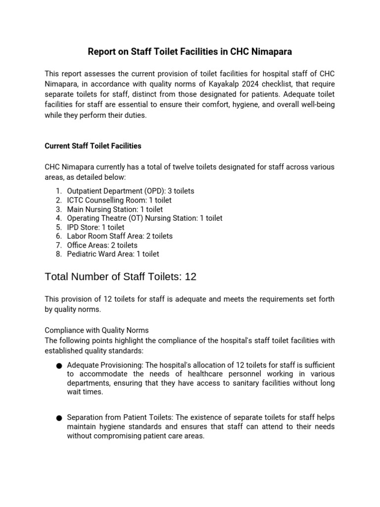 Report On Staff Toilet Facilities in CHC Nimapara | PDF