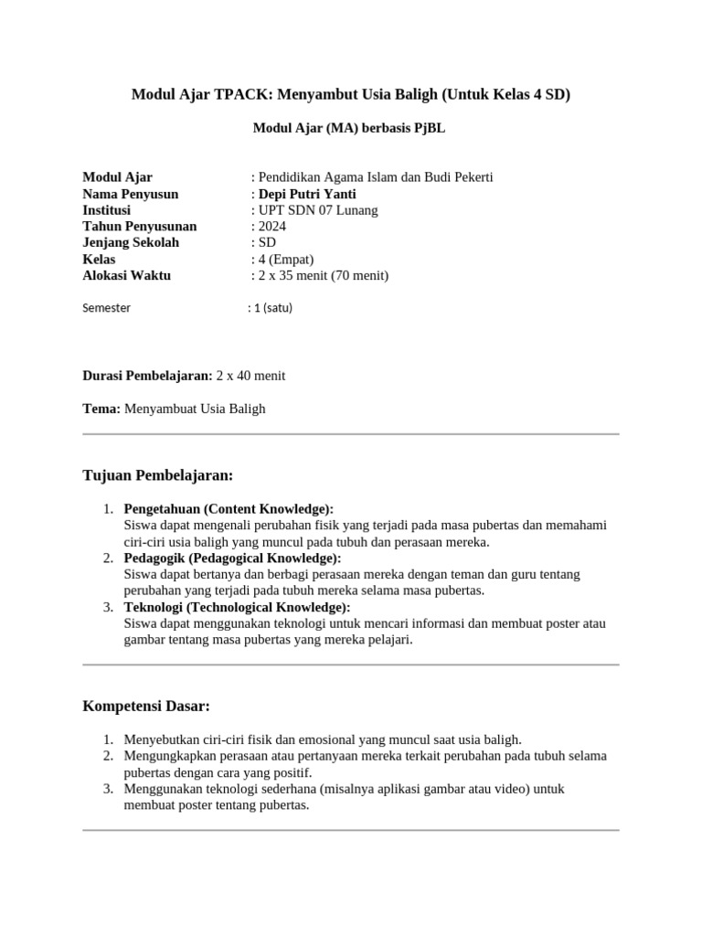 Modul Ajar TPACK Menyambut Usia Baligh Kelas 4 SD | PDF