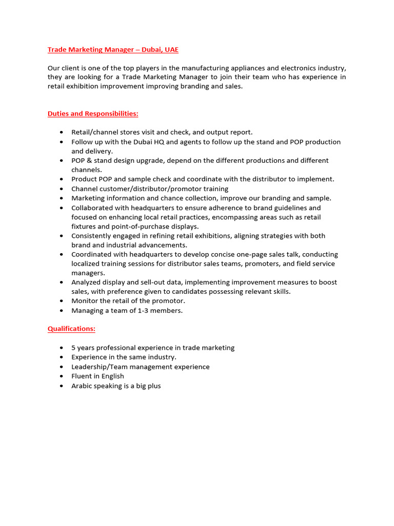 Trade Marketing Manager - Job Description | PDF
