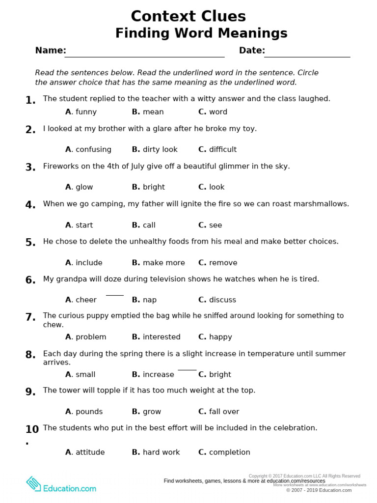 WORKSHEET - ENGLISH 6. Q2, WEEK5, DAY 1 Context-Clues-Finding-Word ...