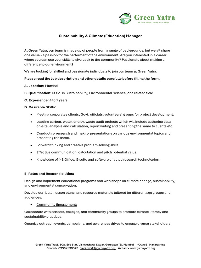 Sustainability & Climate (Education) Manager | PDF | Sustainability | Evaluation