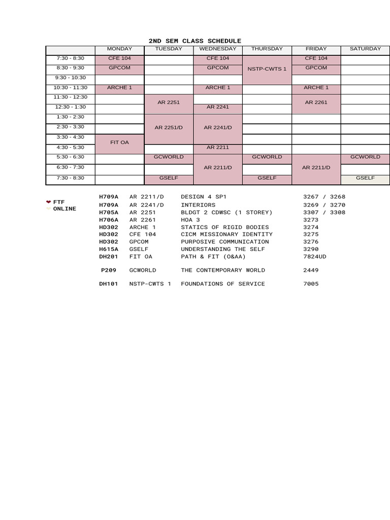 2Nd Sem Class Schedule: FTF Online H709A H709A H705A H706A HD302 HD302 ...
