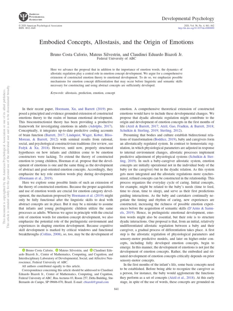 Embodied Concepts, Allostasis, and The Origin of Emotions | PDF ...