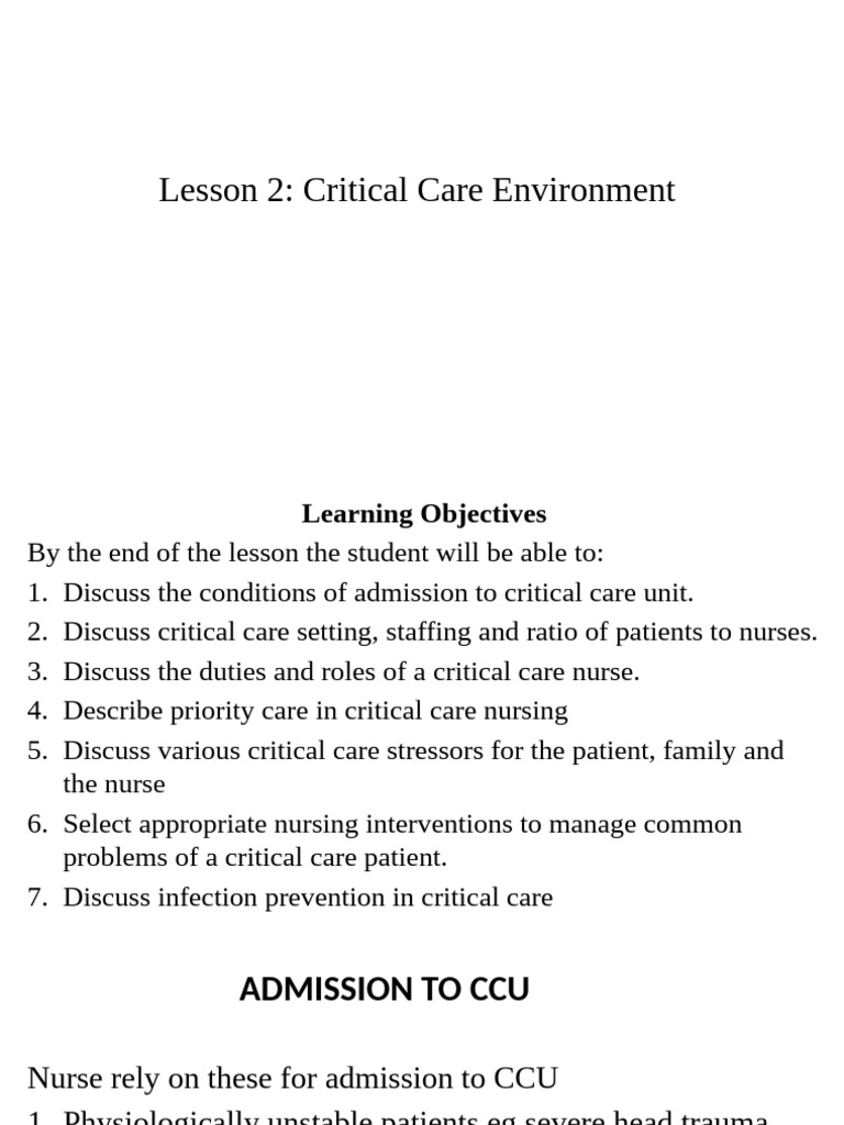 Lesson 2 Critical Care Environment | PDF | Intensive Care Unit | Infection