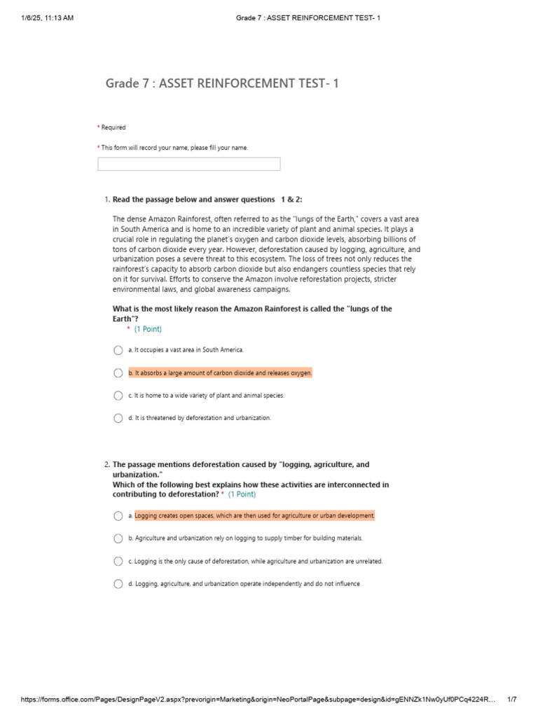 Grade 7 ASSET Test on Amazon & Language Skills | PDF | Deforestation ...