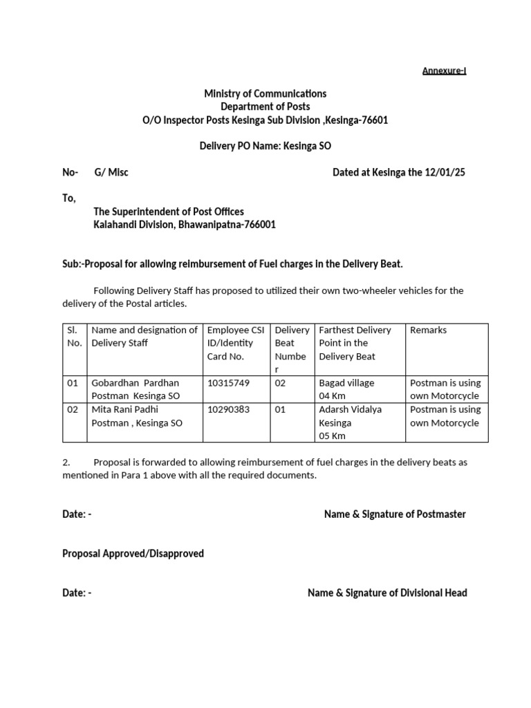 Proforma For Allowing Reimbursement of Fuel Charges in The Delivery ...