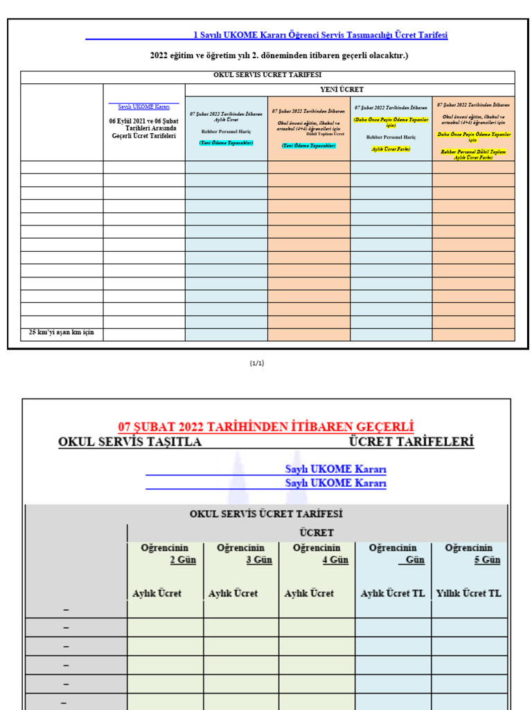 Okul Servis Tas Imacılıg I U Cret Tarifeleri | PDF