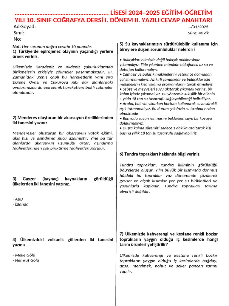 Cografya 10 Sinif 1 Donem 2 Yazili Cevap Anahtari 2024 2025 | PDF
