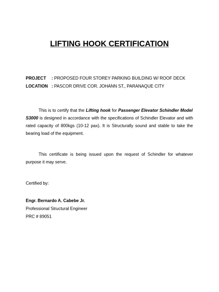 Lifting Hook Certification For Occupancy Clearance PDF | PDF