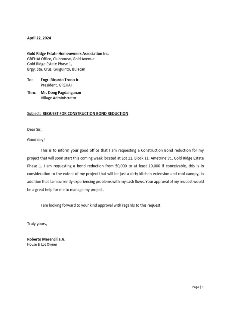 Request for Construction Bond Reduction | PDF