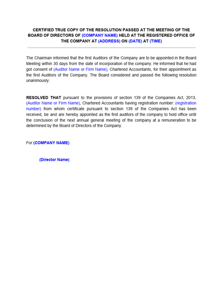First Auditor Appointment Resolution | PDF