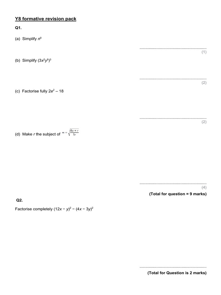 y8-Apr_Break-revision-pack | PDF | Equations | Mathematical Concepts