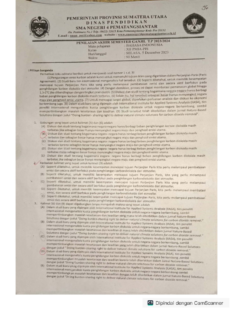 Soal Pas Sman 4 Pematang Siantar Kelas 12 Ipa B. Indo | PDF