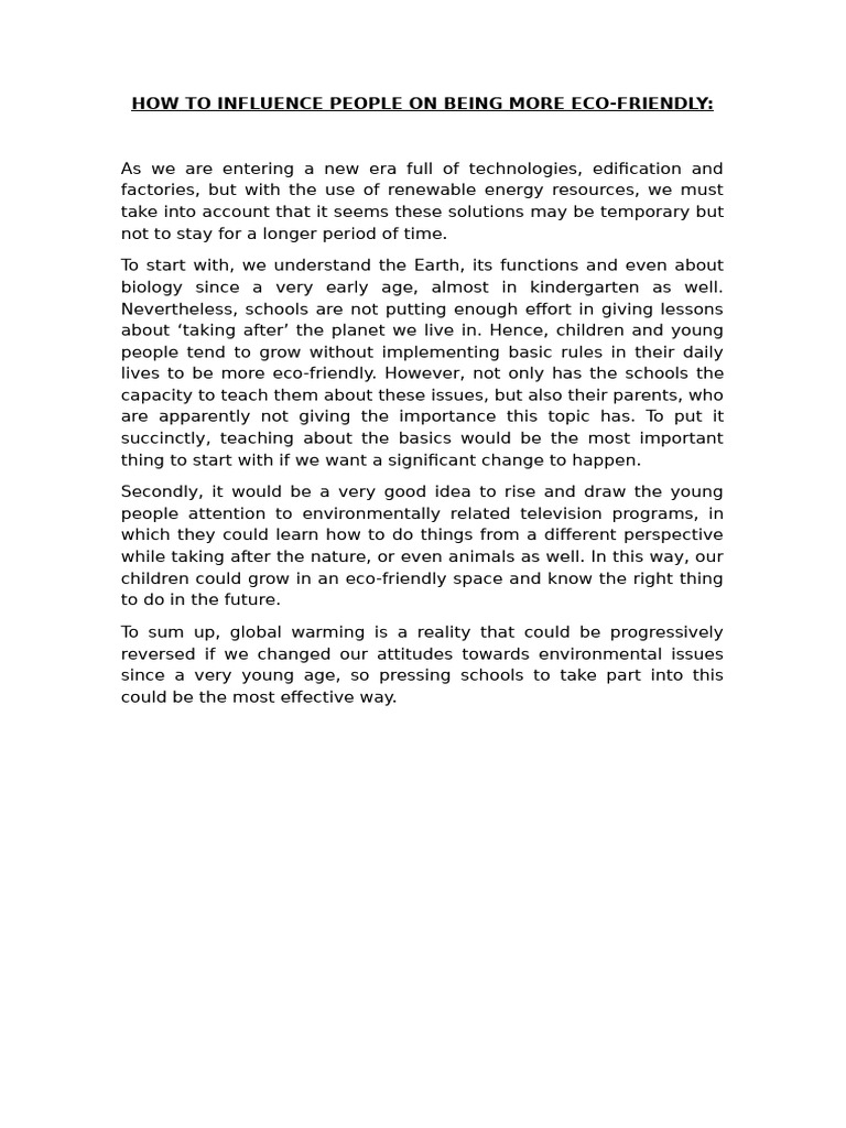 Essay On People Being More Environmentally Friendly | PDF