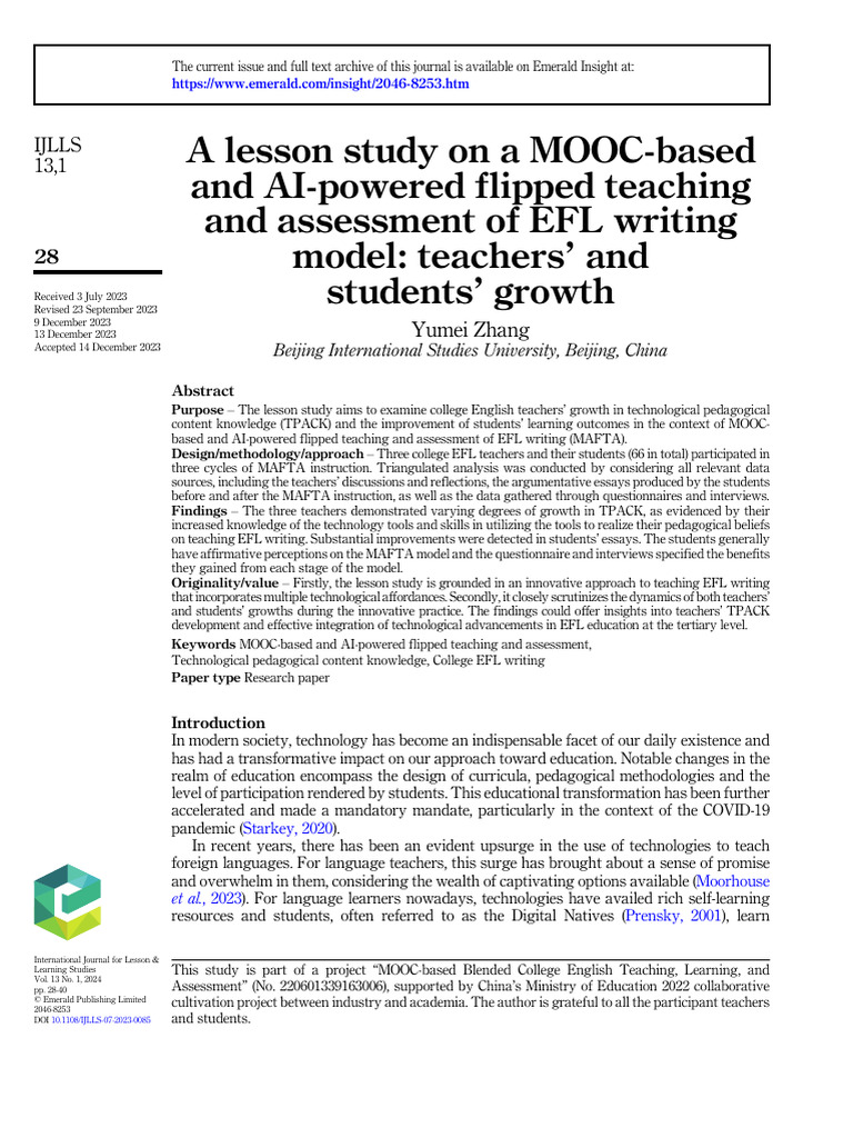 A Lesson Study On A MOOC-based and AI-powered Flipped Teaching and Assessment of EFL Writing ...