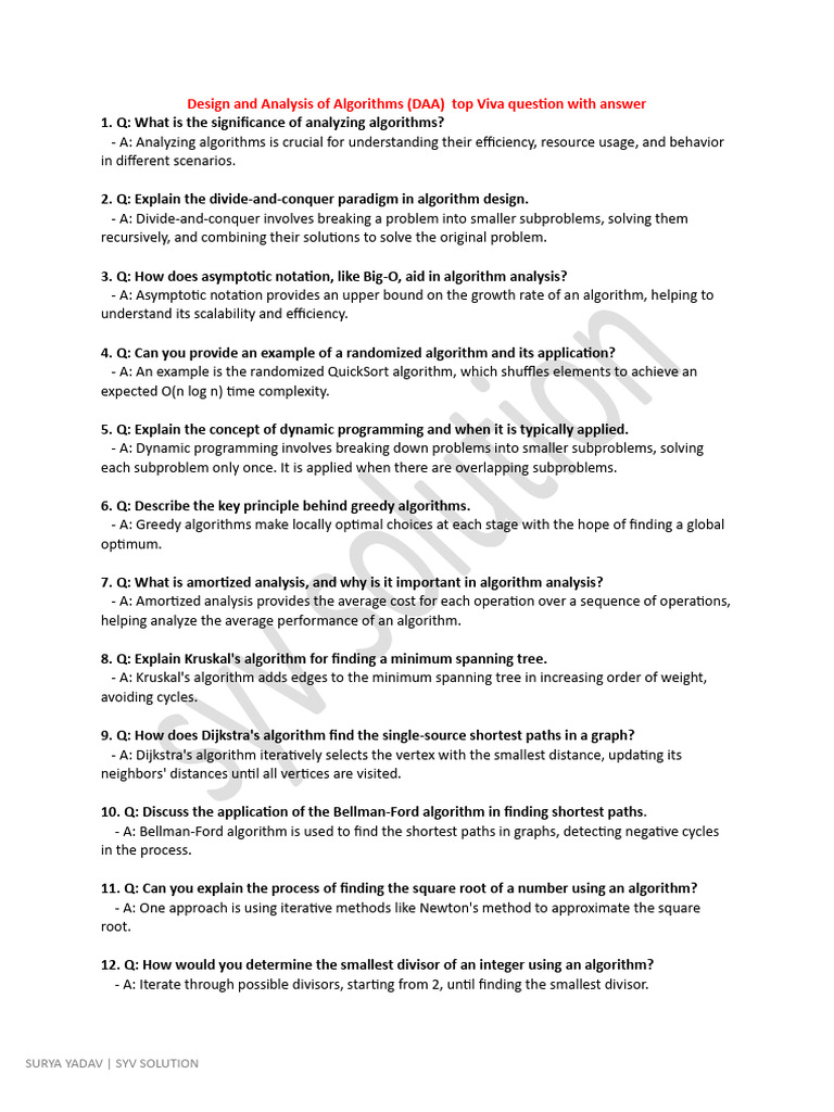 Top DAA Viva Questions & Answers | PDF | Dynamic Programming | Computer Programming