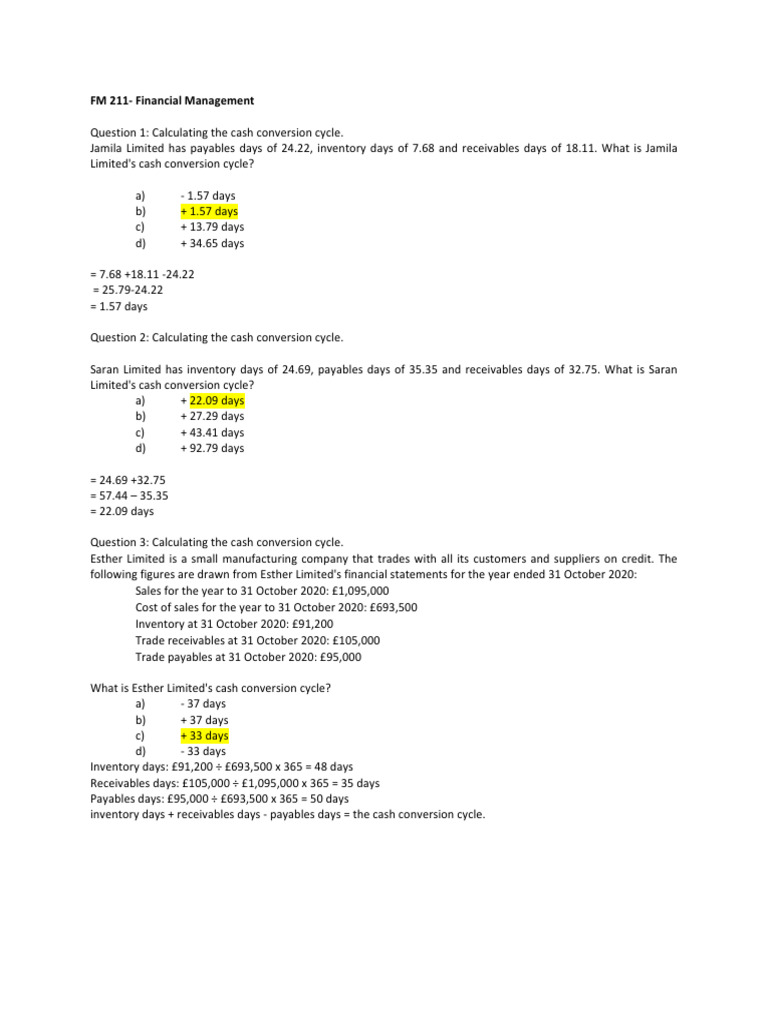 Cash Conversion Cycle Calculations | PDF
