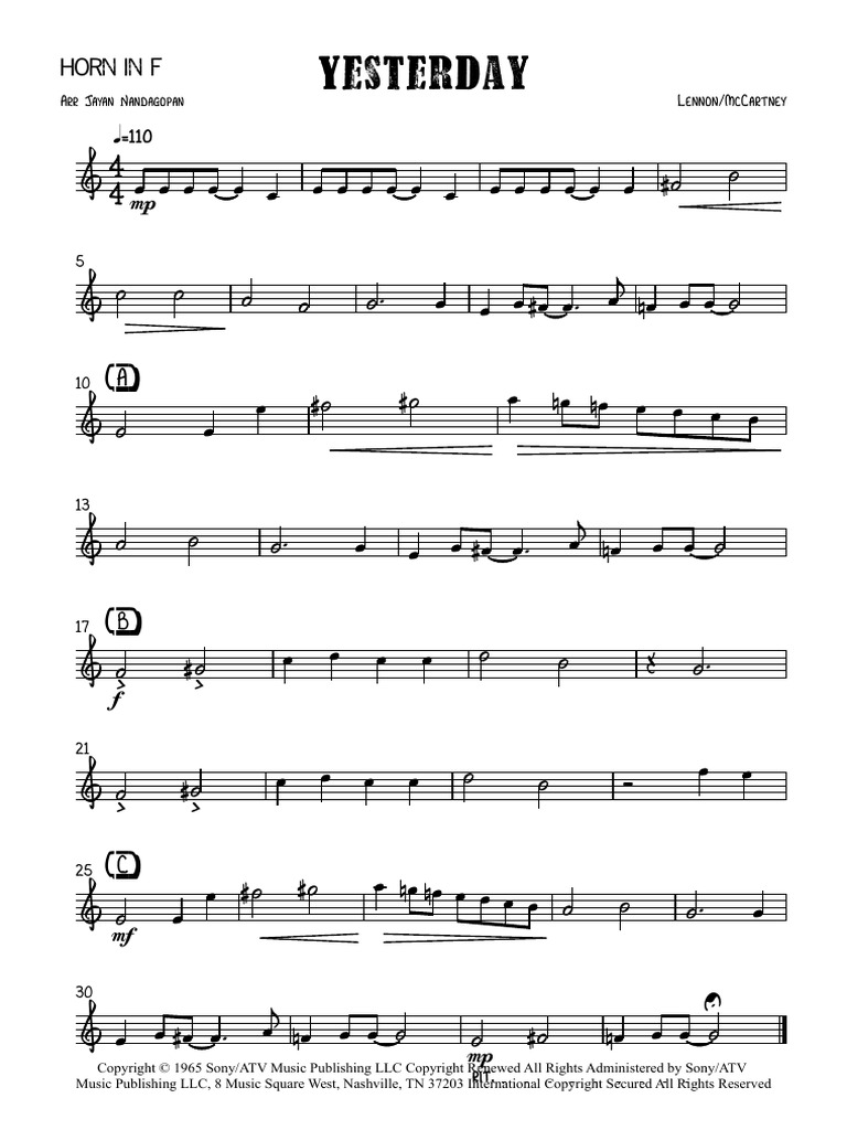 Yesterday - Horn F | PDF | Paul McCartney | Chansons écrites