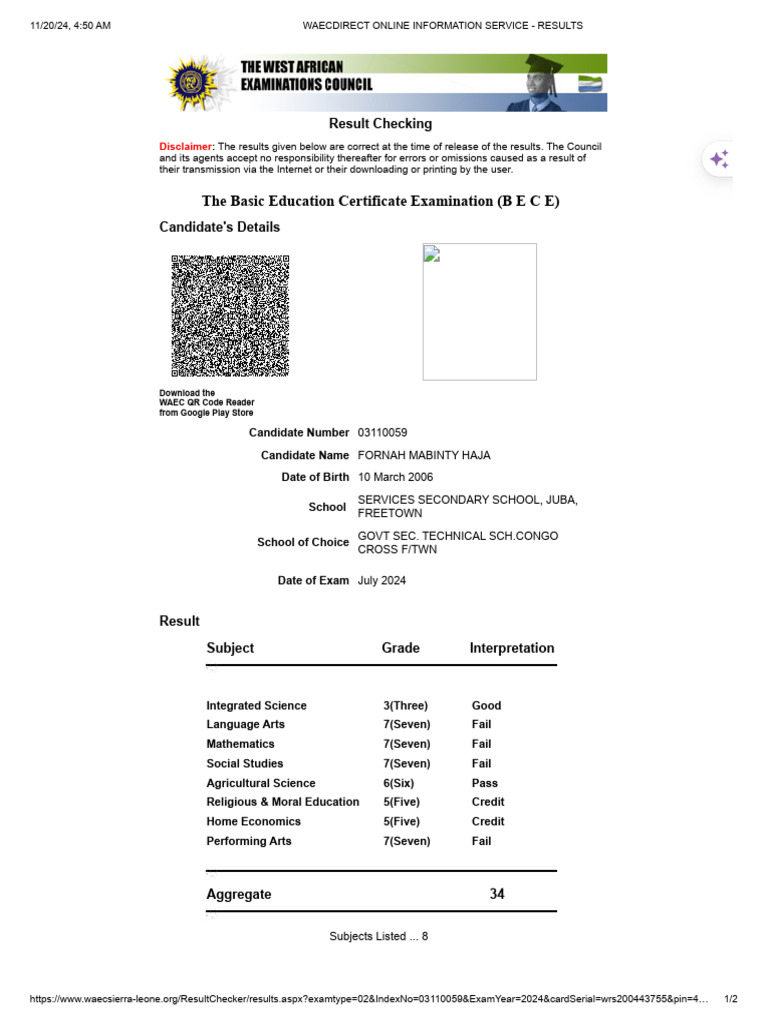 BECE Result Summary for Fornah Mabinty | PDF